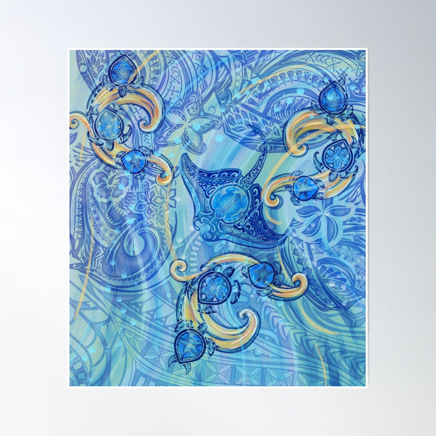 Modroom Blue Tribal Manta Ray And Turtles Ocean Spray Watercolor 3500 ...