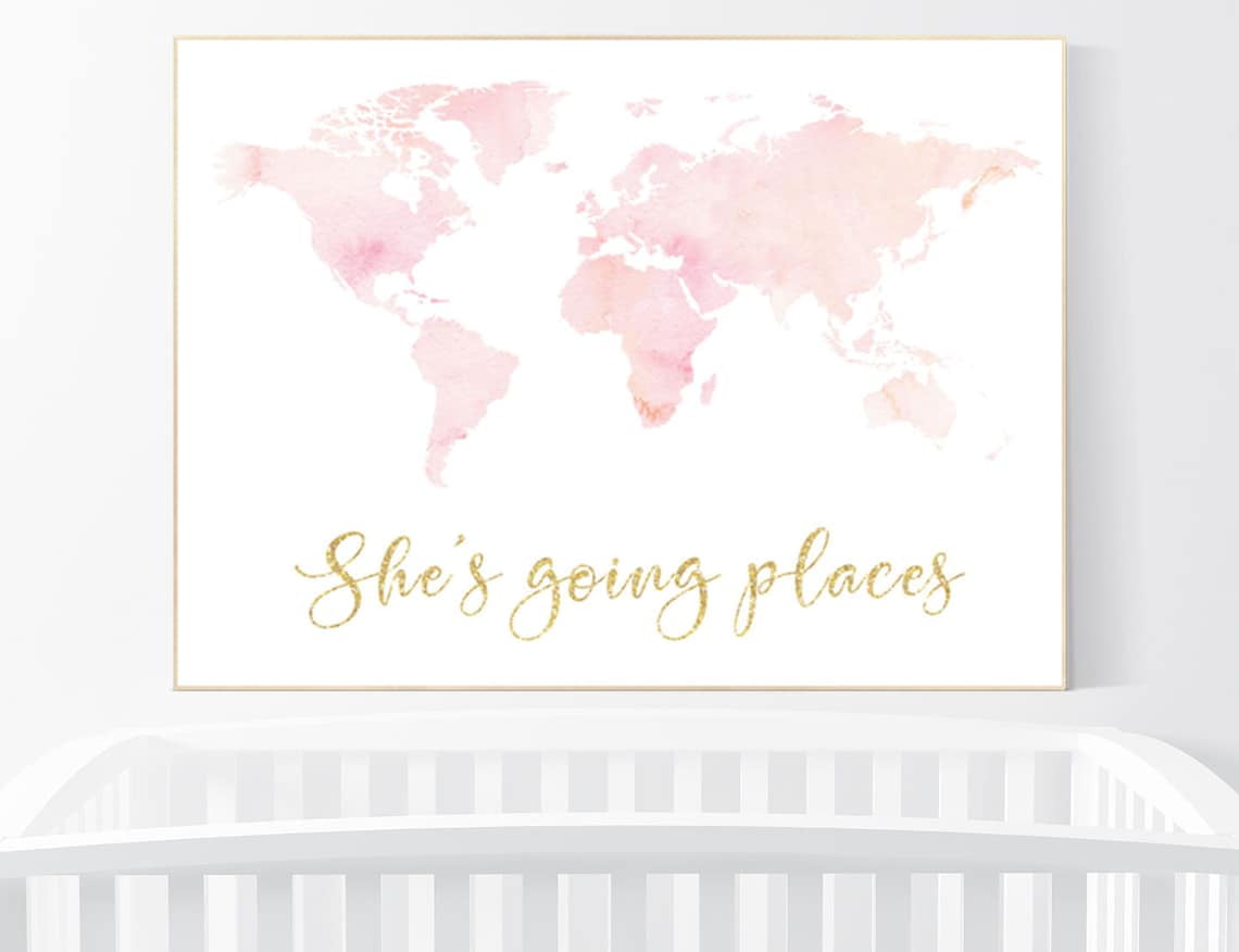 Modroom Blush Pink World Map Wall Art, Baby Girl Nursery Decor, Girl ...