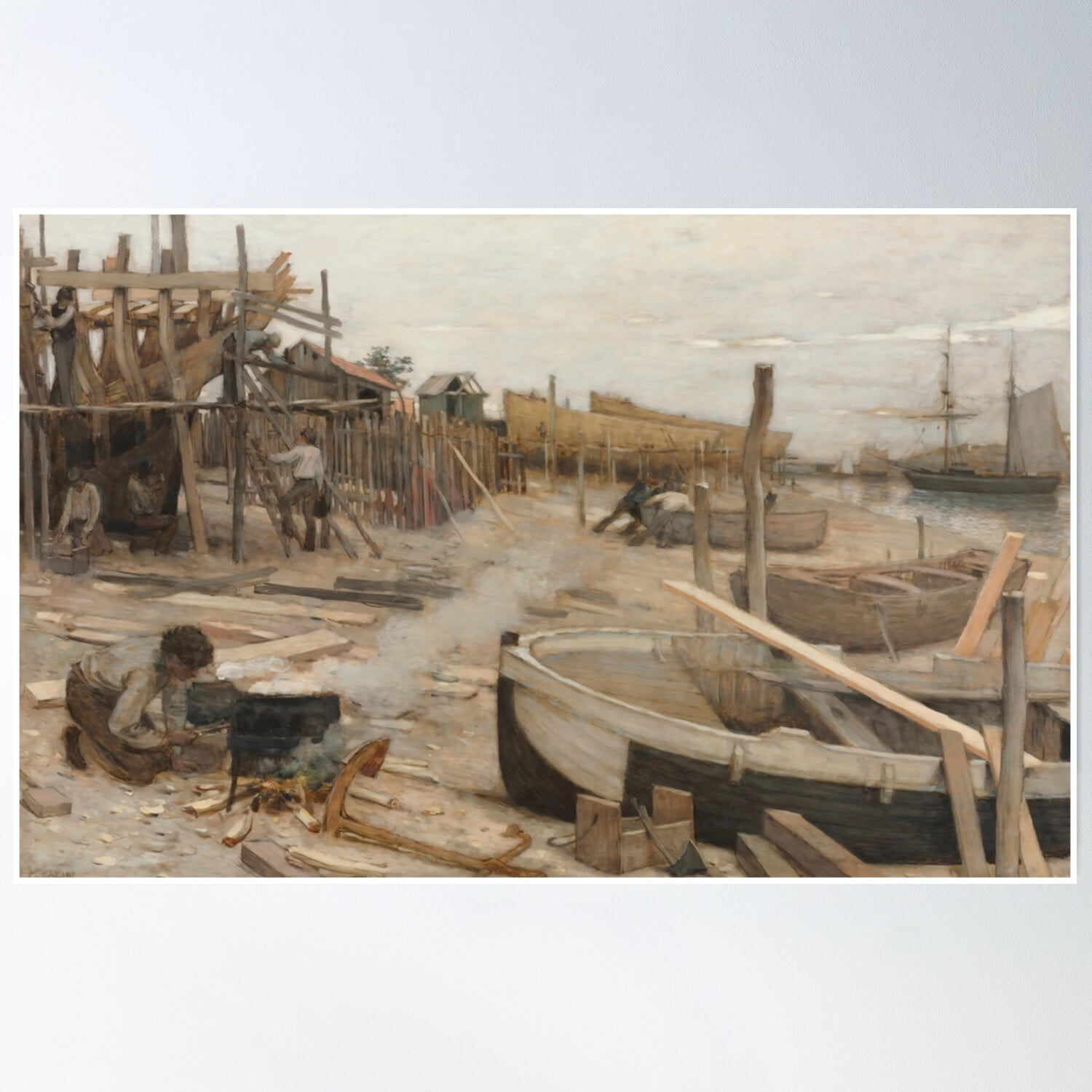 Modroom Boat Building Scene – Maritime Art Depicting Shipyard Workers ...