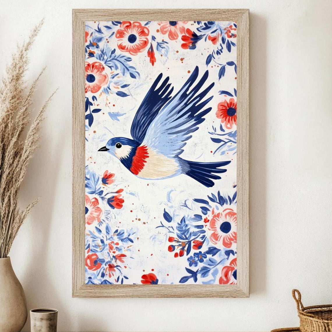 Modroom Boho Sparrow Print Folk Art Bird Wall Art Scandinavian Bedroom ...