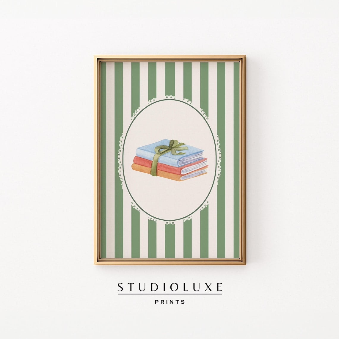 Modroom Book Stack Wall Art, Green Bow Books Print, Cozy Reading Nook ...