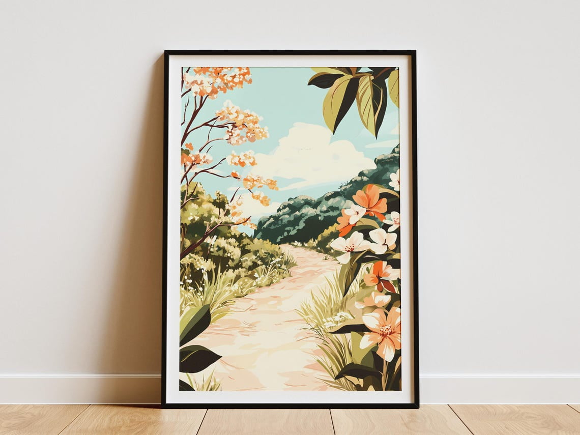 Modroom Botanical Garden Path Poster Peach And Green Floral Art Print ...