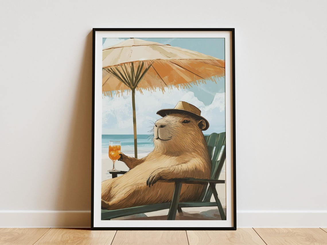 Modroom Capybara Beach Poster Summer Animal Print Cute Capybara Art ...