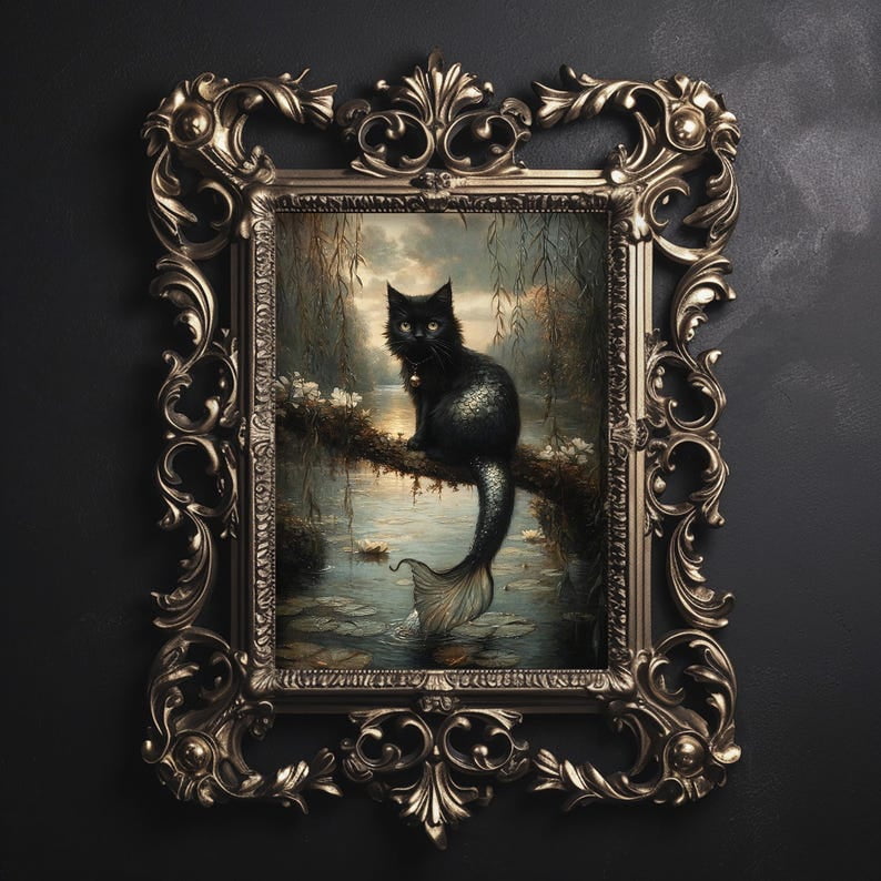 Modroom Cat Mermaid on Tree Poster, Gothic Dark Academia Vintage Night ...