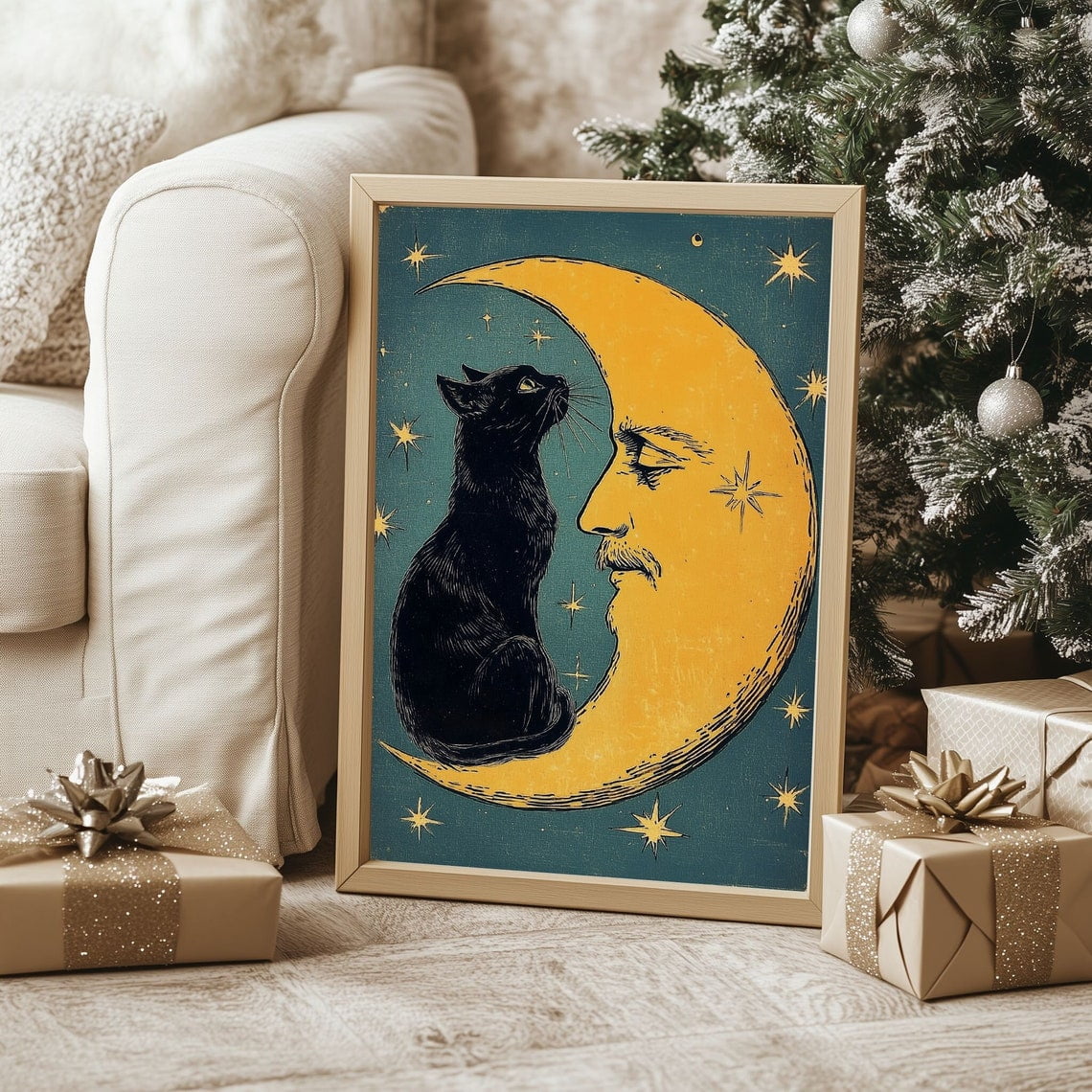 Modroom Cat and Moon Poster Vintage Art Deco Colorful Wall Art Mystical ...
