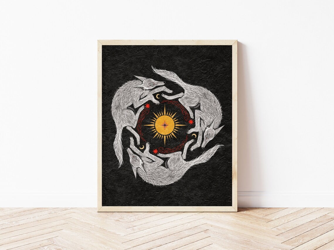 Modroom Celestial Wolves And Sun Folk Art Nature Print - Cottagecore ...