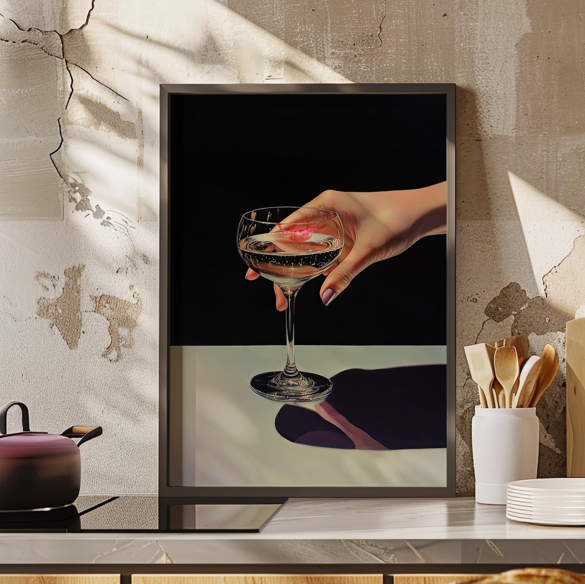 Modroom Champagne Glass With Lipstick Mark Hyperrealistic Poster, Black ...