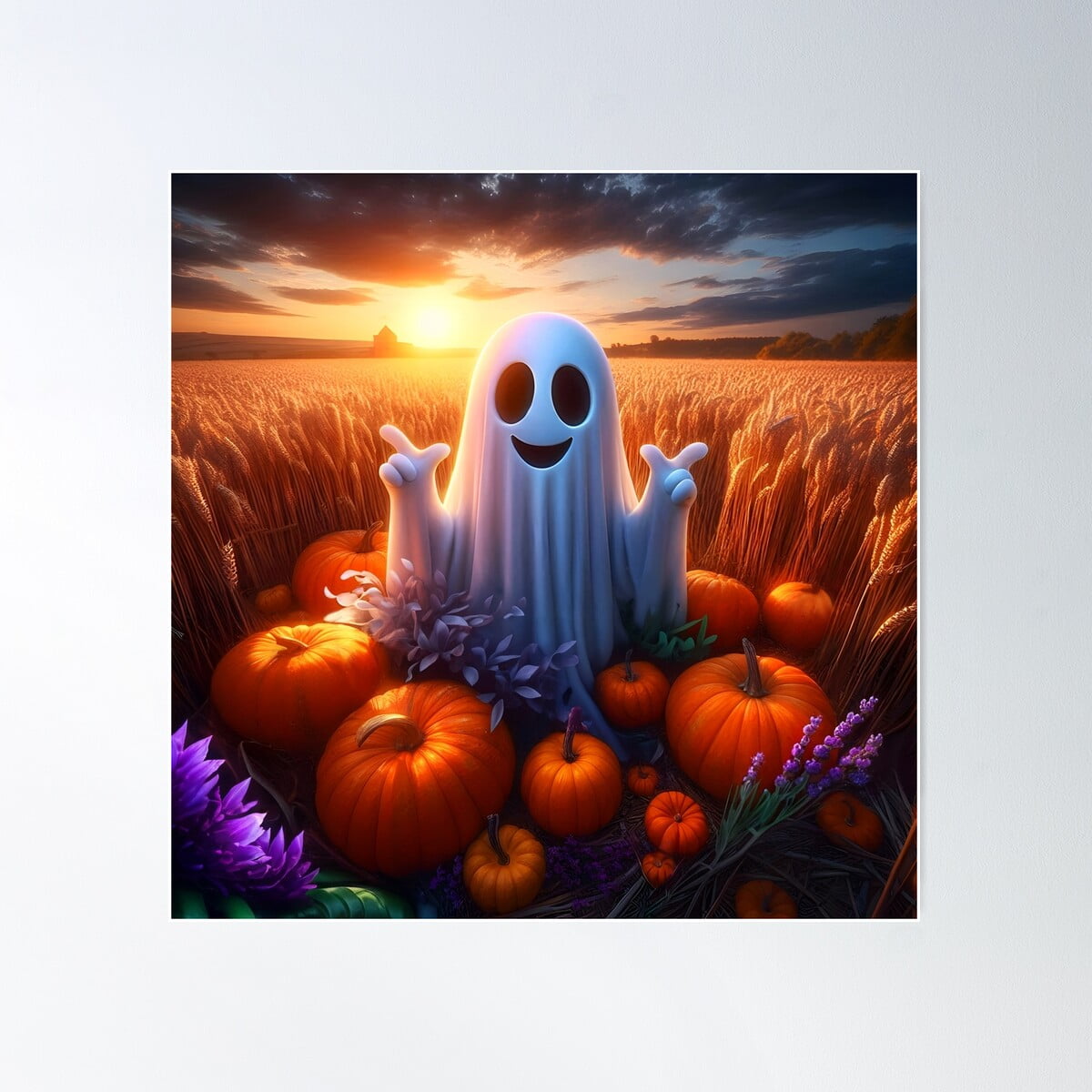 Modroom Cheerful Ghost Among Pumpkins On A Wheat Field At Sunset ...