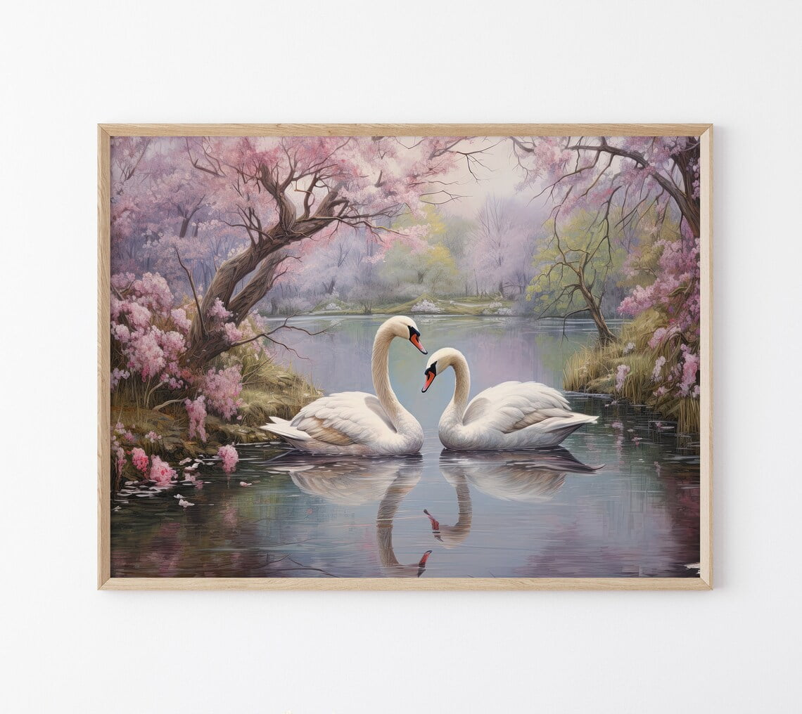 Modroom Cherry Blossom Loving Swans, Wall Art Matte Print, Heart Swan ...