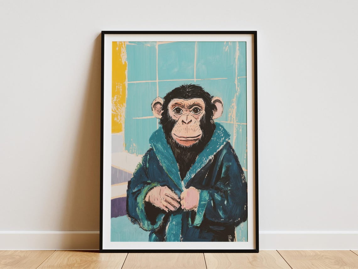 Modroom Chimpanzee In A Bathrobe Bathroom Poster Print Modern Animal ...