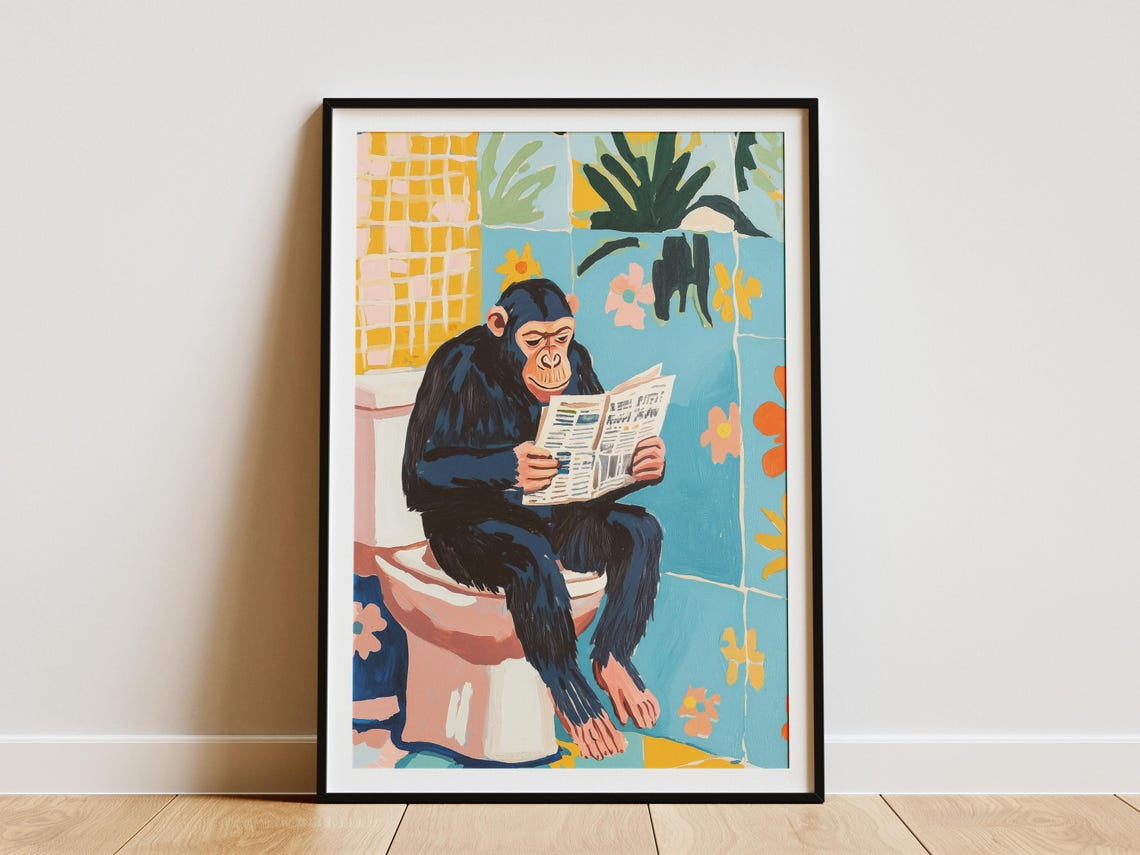 Modroom Chimpanzee Reading Newspaper On Toilet Bathroom Poster Print ...