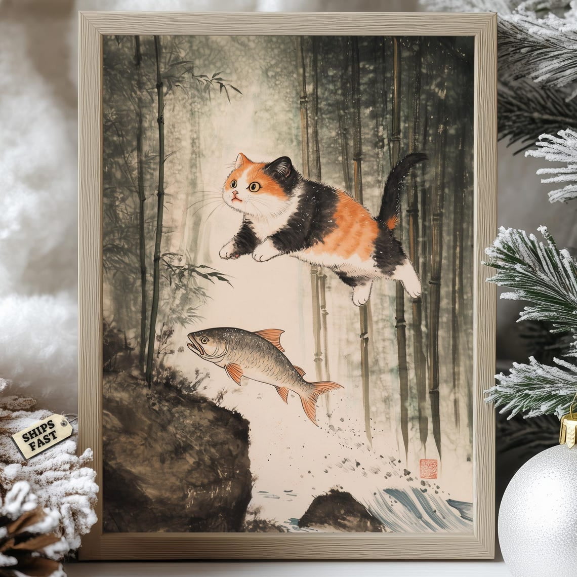 Modroom Chubby Calico Cat Poster Japanese Bamboo Forest Jumping Cat ...