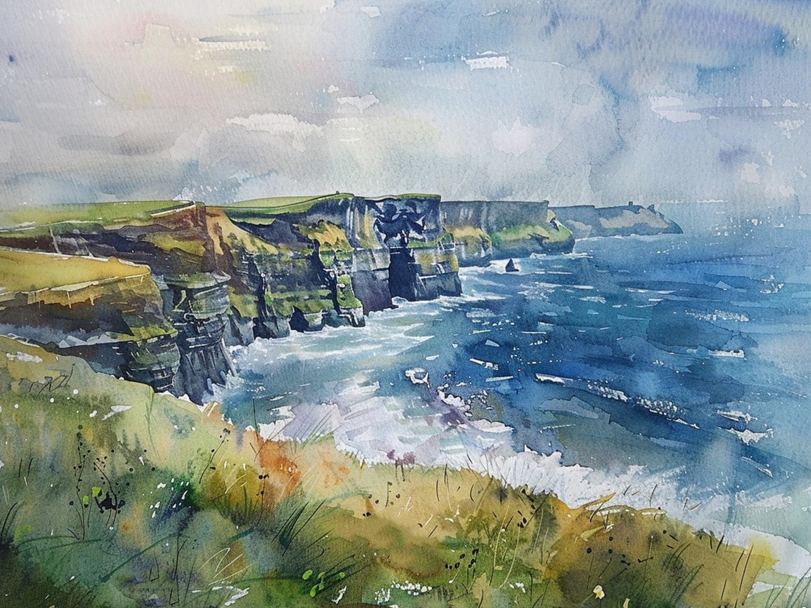 Modroom Cliffs Of Moher Watercolor Art Print Irish Coastline Painting ...
