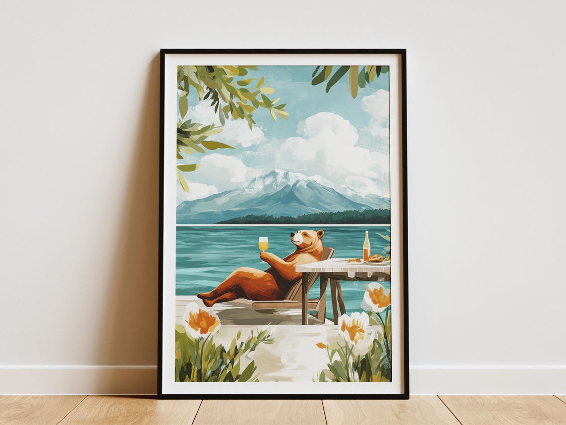 Modroom Coastal Bear Poster Relaxing Bear Art Print Summer Vacation ...