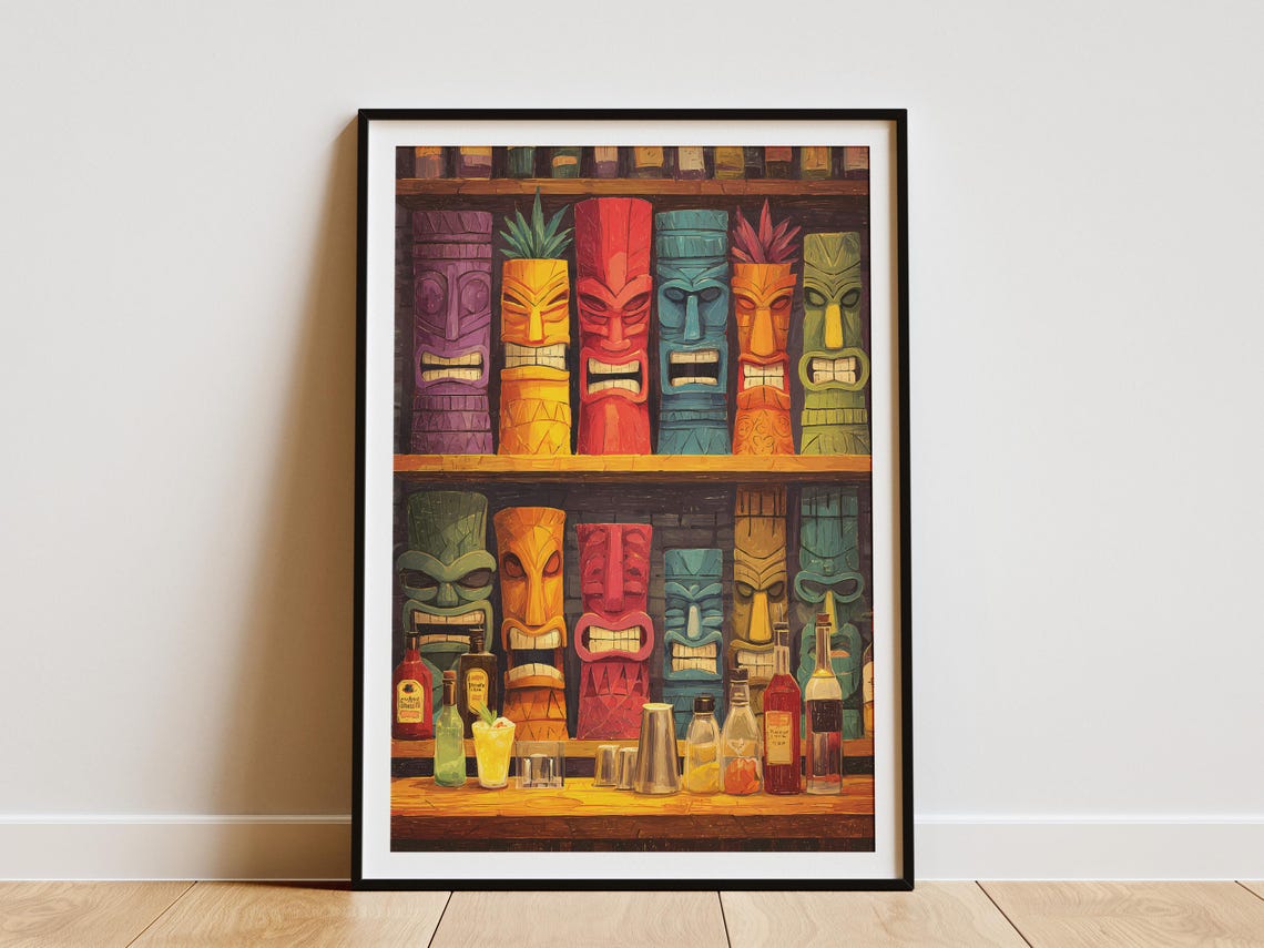 Modroom Colorful Tiki Masks Art Print Hawaiian Bar Decor Tropical Wall ...