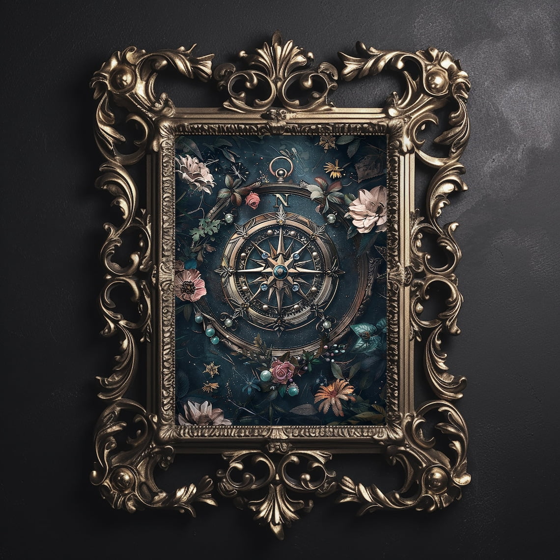 Modroom Compass with Flowers Poster, Gothic Dark Academia Vintage ...