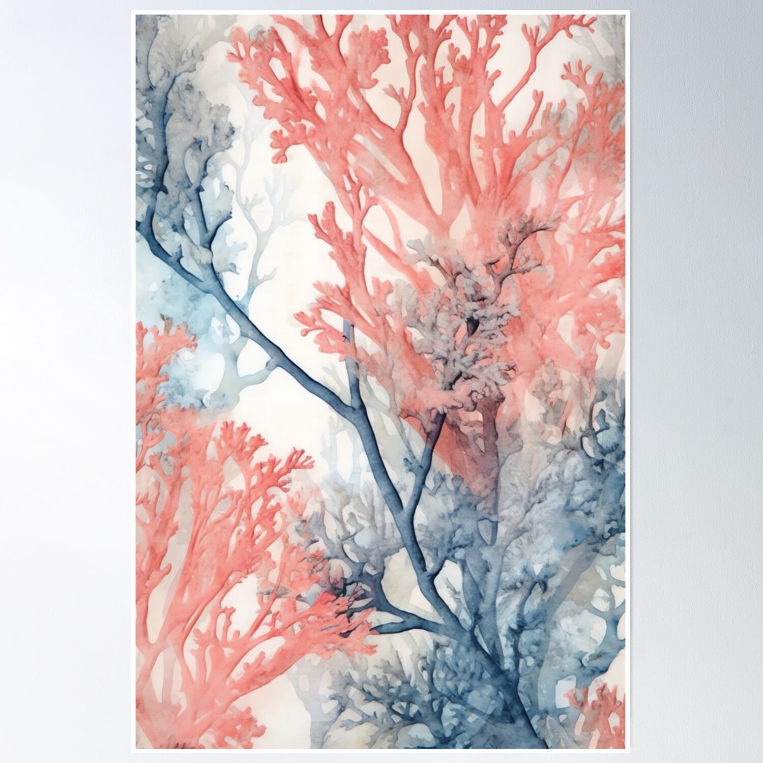 Modroom Coral Symphony Calming Watercolor In Light Red And Blue Poster ...