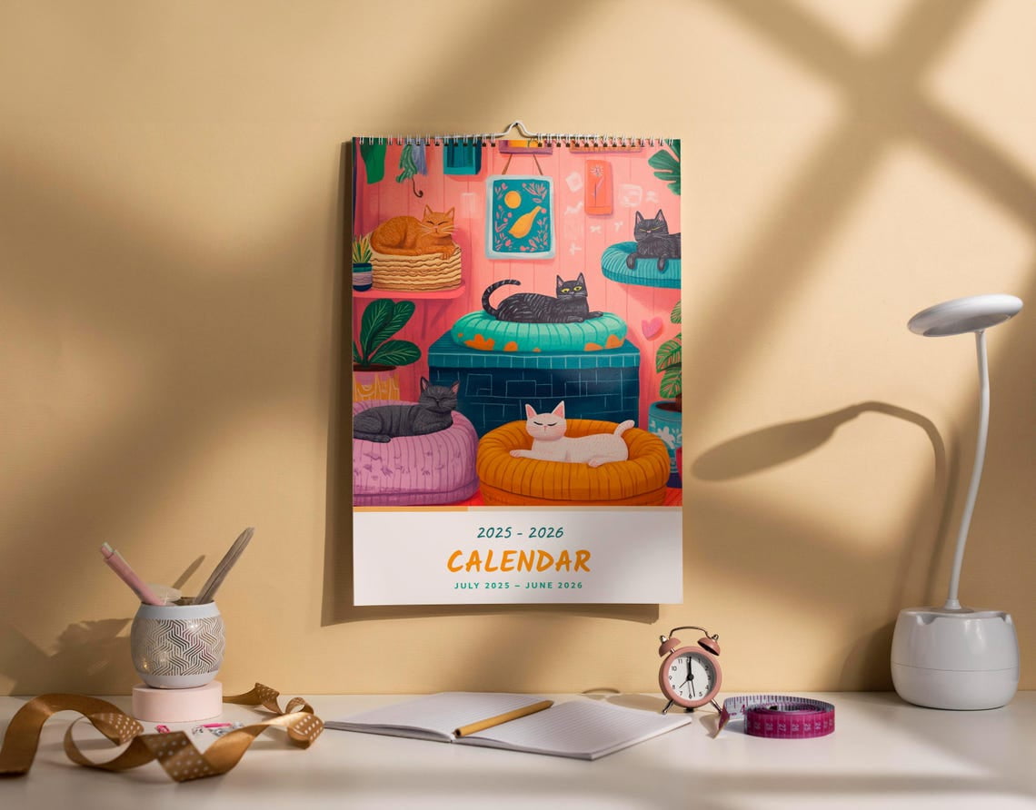 Modroom Cozy Cats Wall Calendar, Midyear Wall Calendars 2025 - 2026, 12 ...
