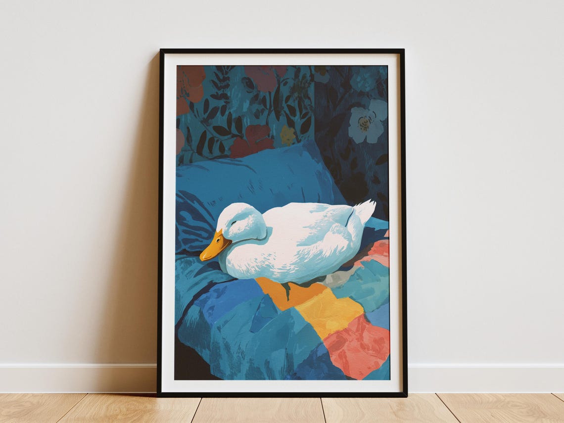 Modroom Cozy Duck Sleeping In Bed Style Gouache Whimsical Animal Poster ...
