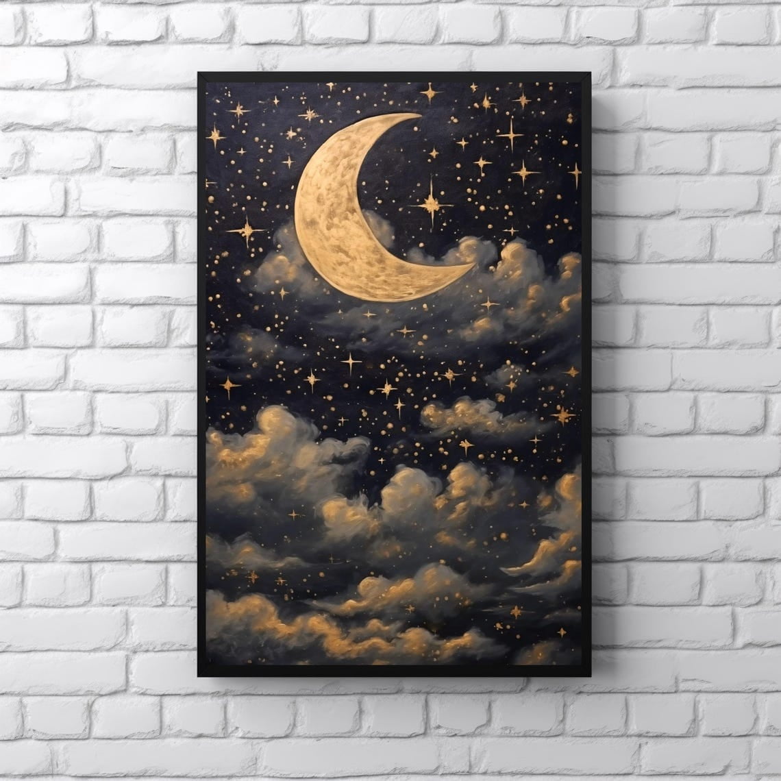 Modroom Crescent Moon Starry Night Sky Art Print, Vintage Star Gazing Wall Art Cloudy Evening ...