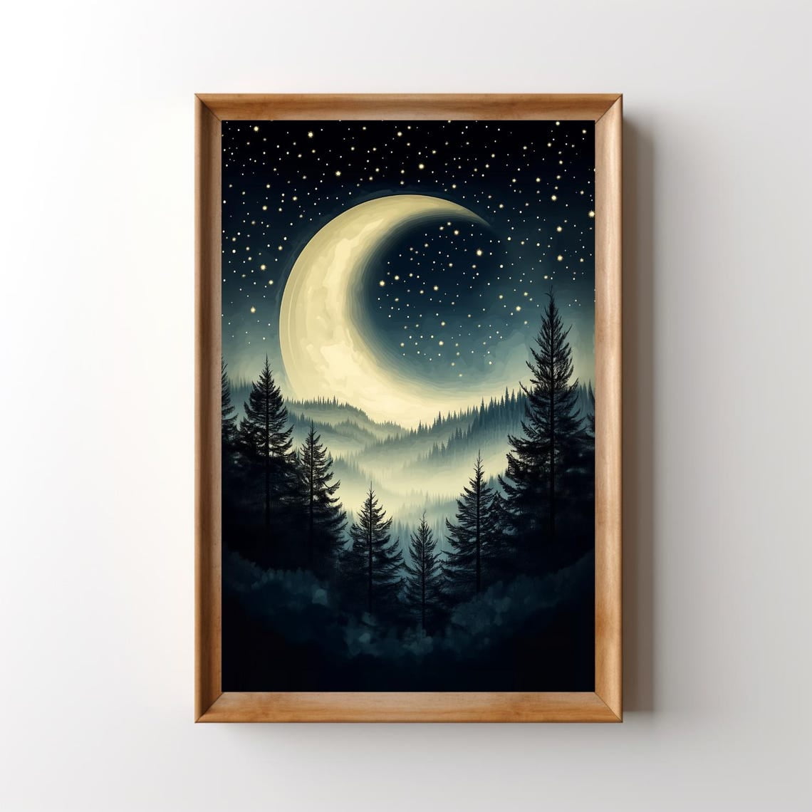 Modroom Crescent Moon Starry Night Sky Painting, Surreal Misty Mountain ...