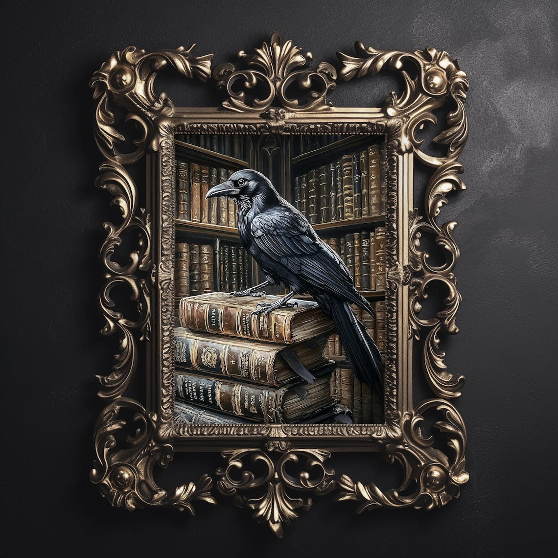 Modroom Crow on Books Poster, Gothic Dark Academia Raven Library ...