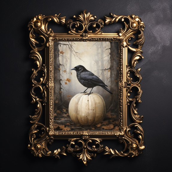 Modroom Crow on Pumpkin Autumn Poster, Vintage Dark Academia Fall Wall ...