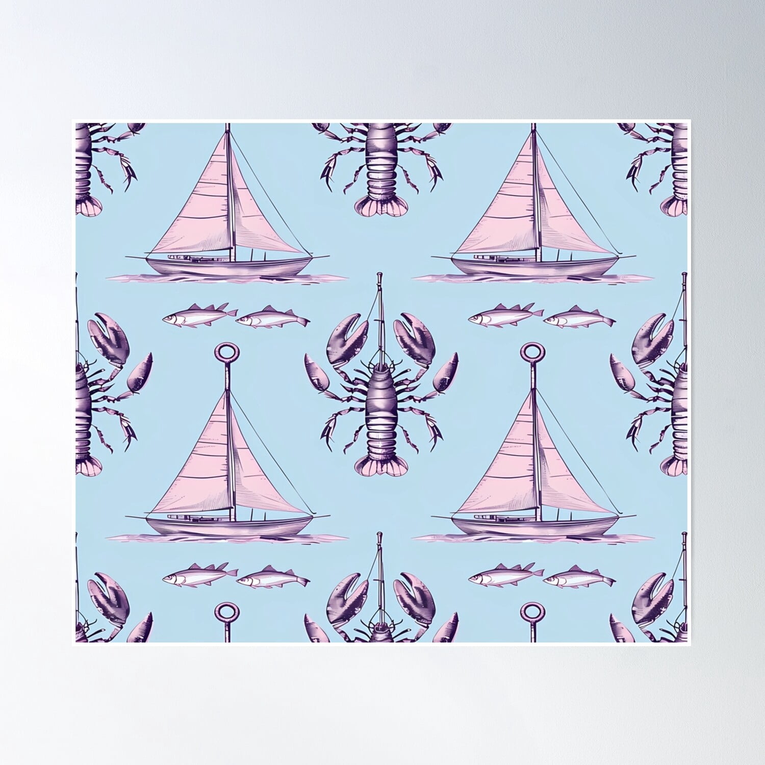 Modroom Cute Pink Boats And Crabs Nautical Ocean Pattern Design Poster ...