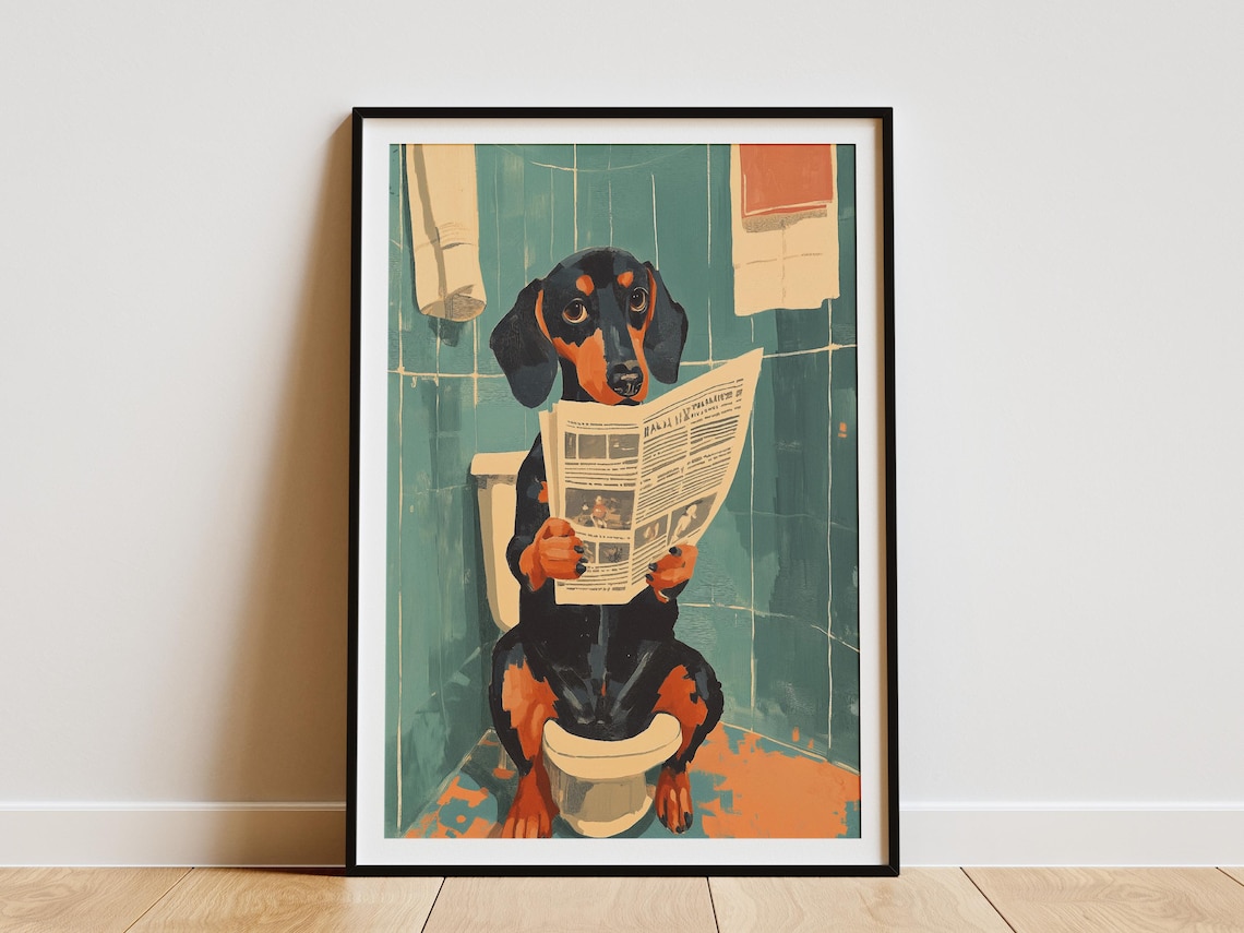 Modroom Dachshund Dog Art Print Bathroom Poster Wiener Dog Reading ...