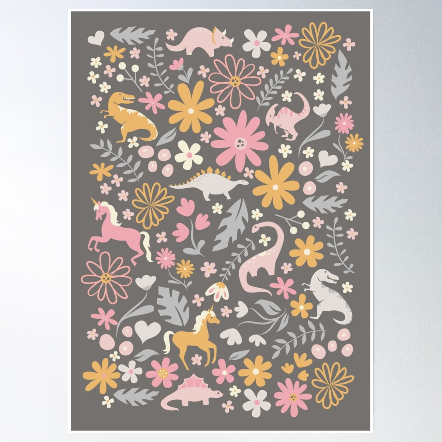 Modroom Dinosaurs + Unicorns - Gray Poster Wall Art, Modern Wall Decor ...