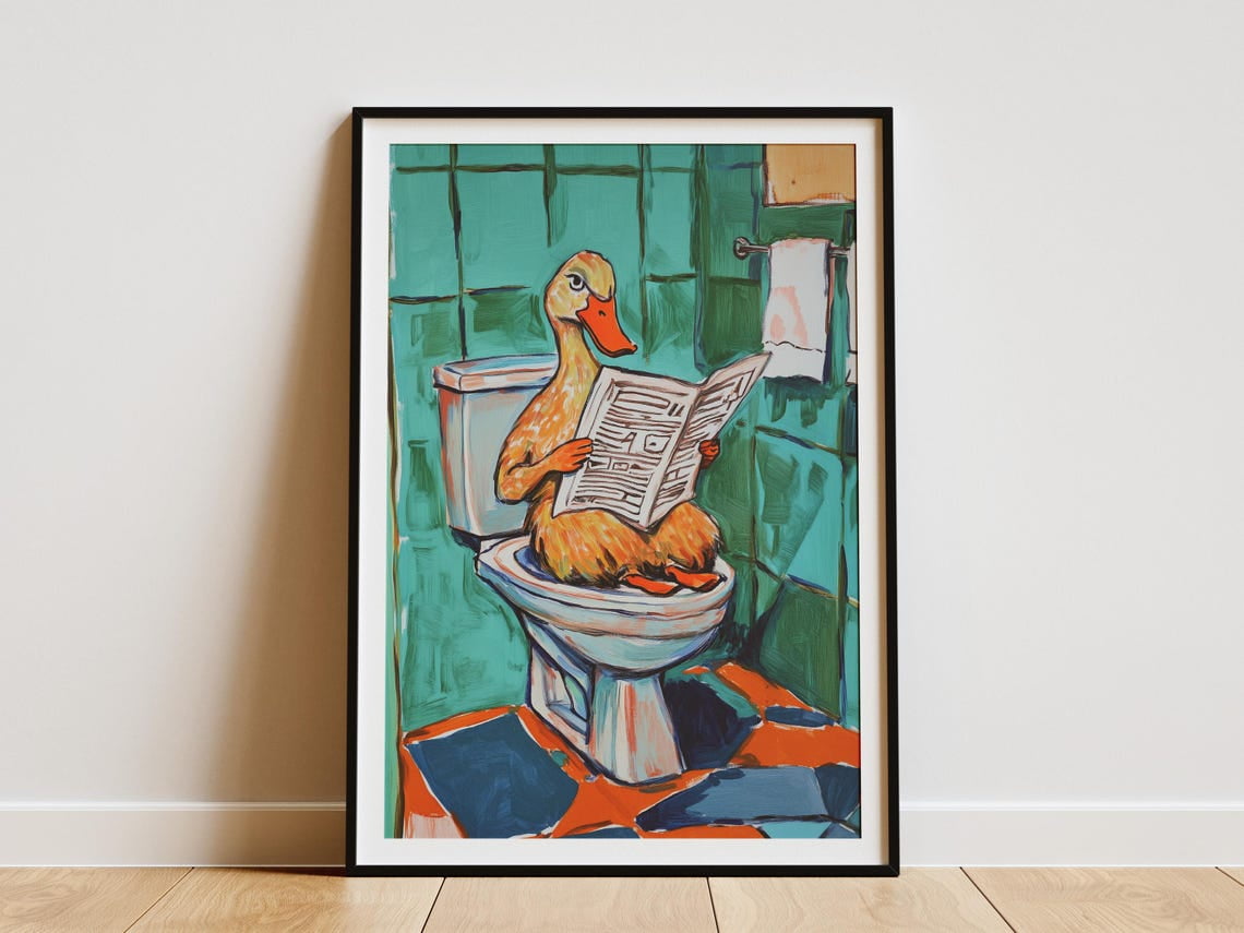 Modroom Duck On Toilet Reading Newspaper Bathroom Wall Art Print Poster ...