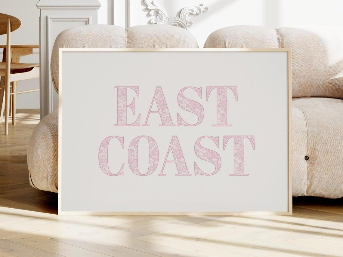 Modroom East Coast Print Pink Horizontal Wall Art Grandmillennial Print ...