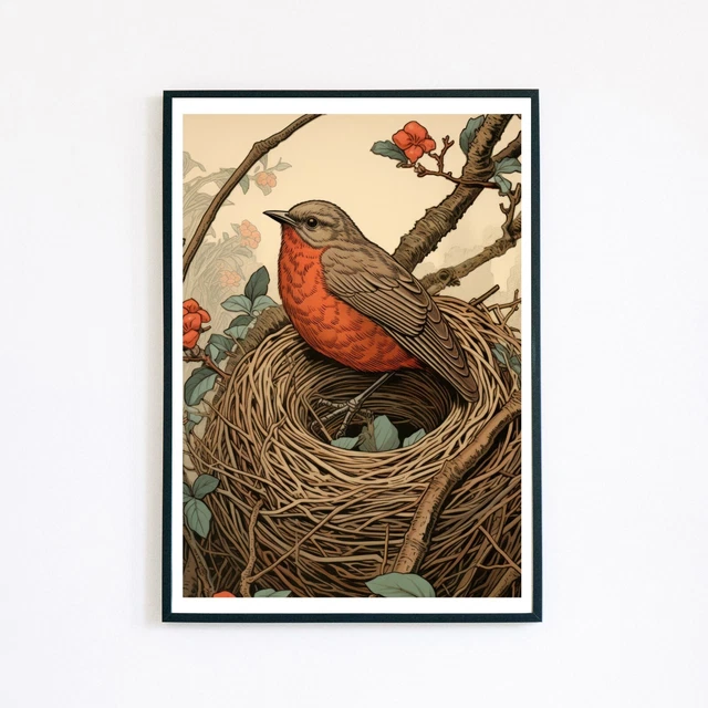 Modroom European Robin Bird Nature Tree Illustration Retro Wall Decor ...