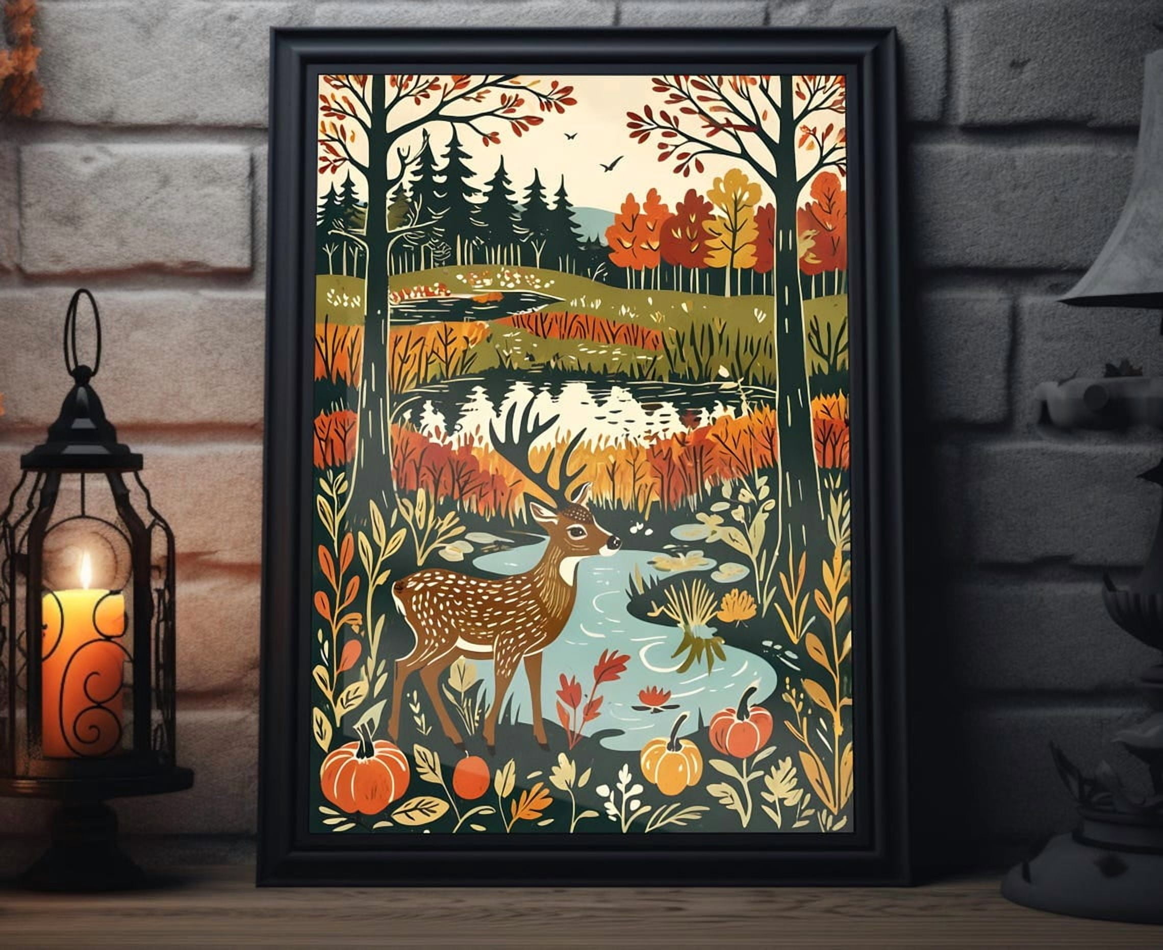Modroom Fall Deer Woodcut Folk Art Print, Pumpkin Forest Scene For ...