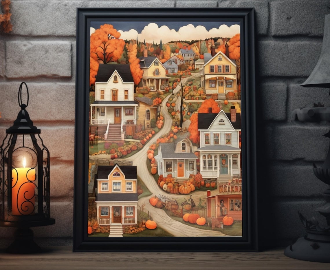 Modroom Fall Town Folk Art Print, Scenic Pumpkin And Thanksgiving ...