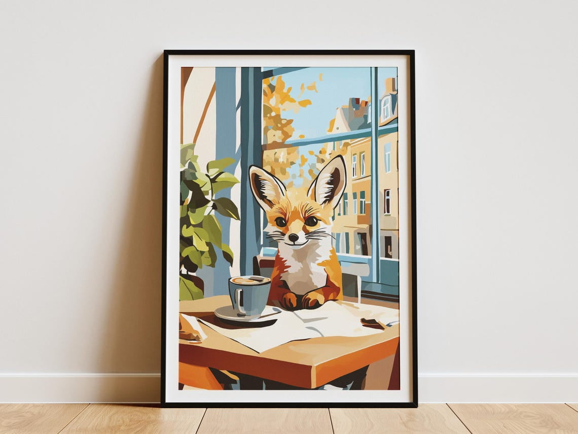 Modroom Fennec Fox Cafe Art Print Style Coffee Lover Gift Animal Poster ...