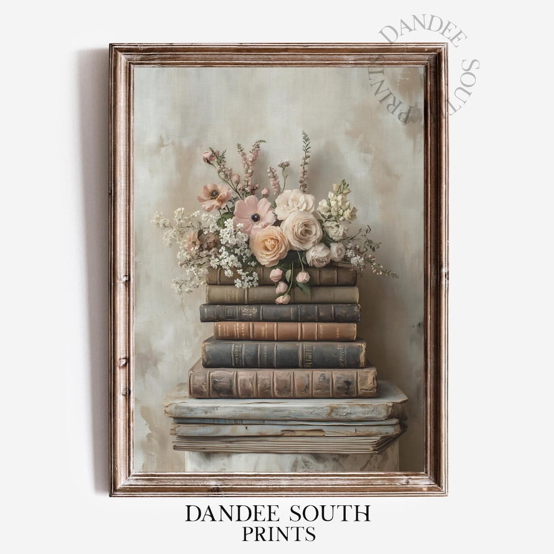 Modroom Floral Books Poster, Stack of Books Wall Art, Rustic Library ...