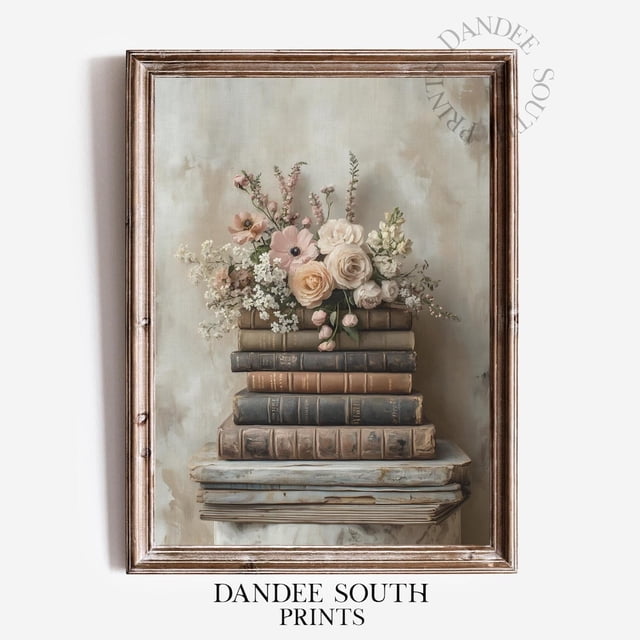 Modroom Floral Books Poster, Stack of Books Wall Art, Rustic Library ...