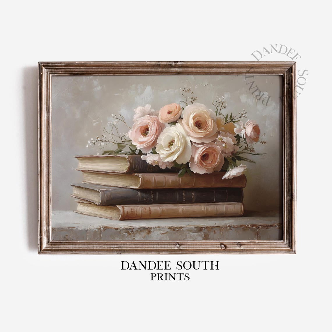 Modroom Floral Books Poster, Stack of Books Wall Art, Rustic Reading ...