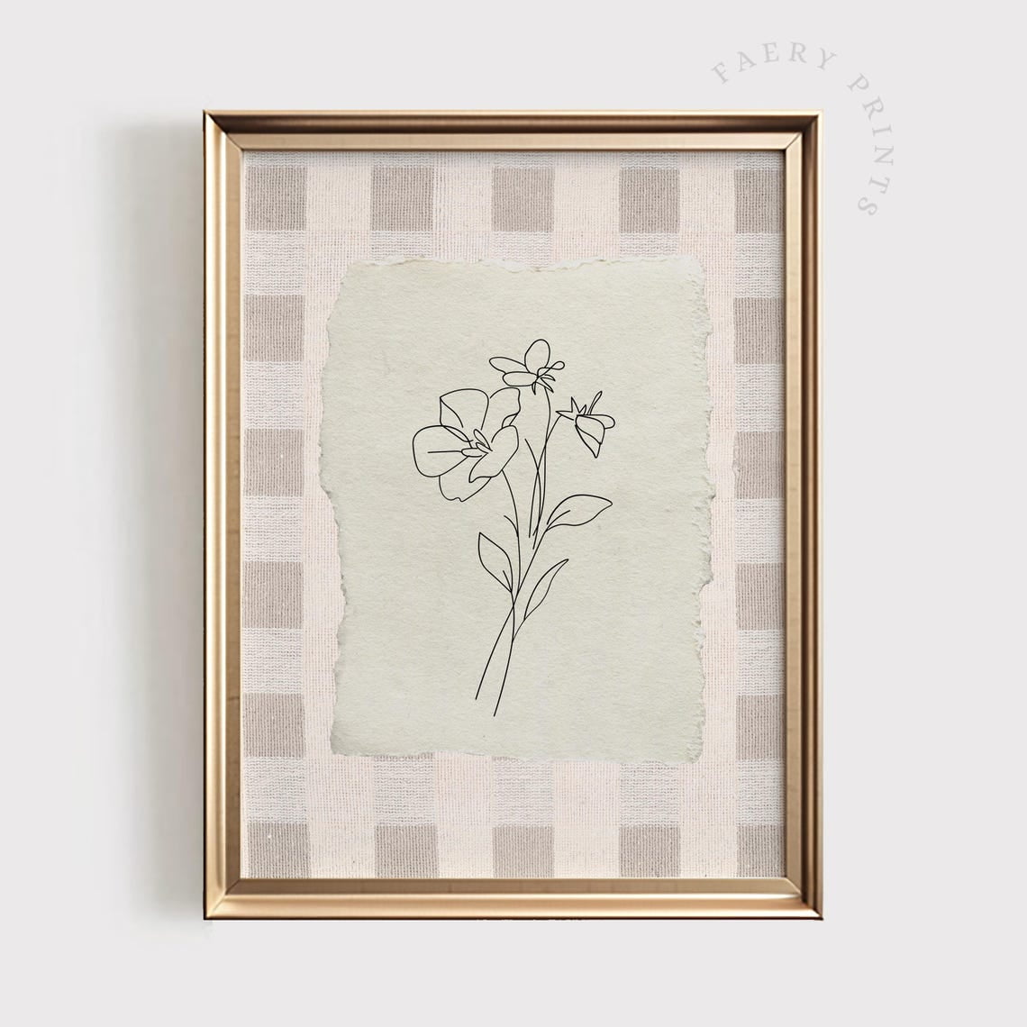Modroom Floral Line Art Print | Neutral Cottagecore Wall Art | Gingham ...