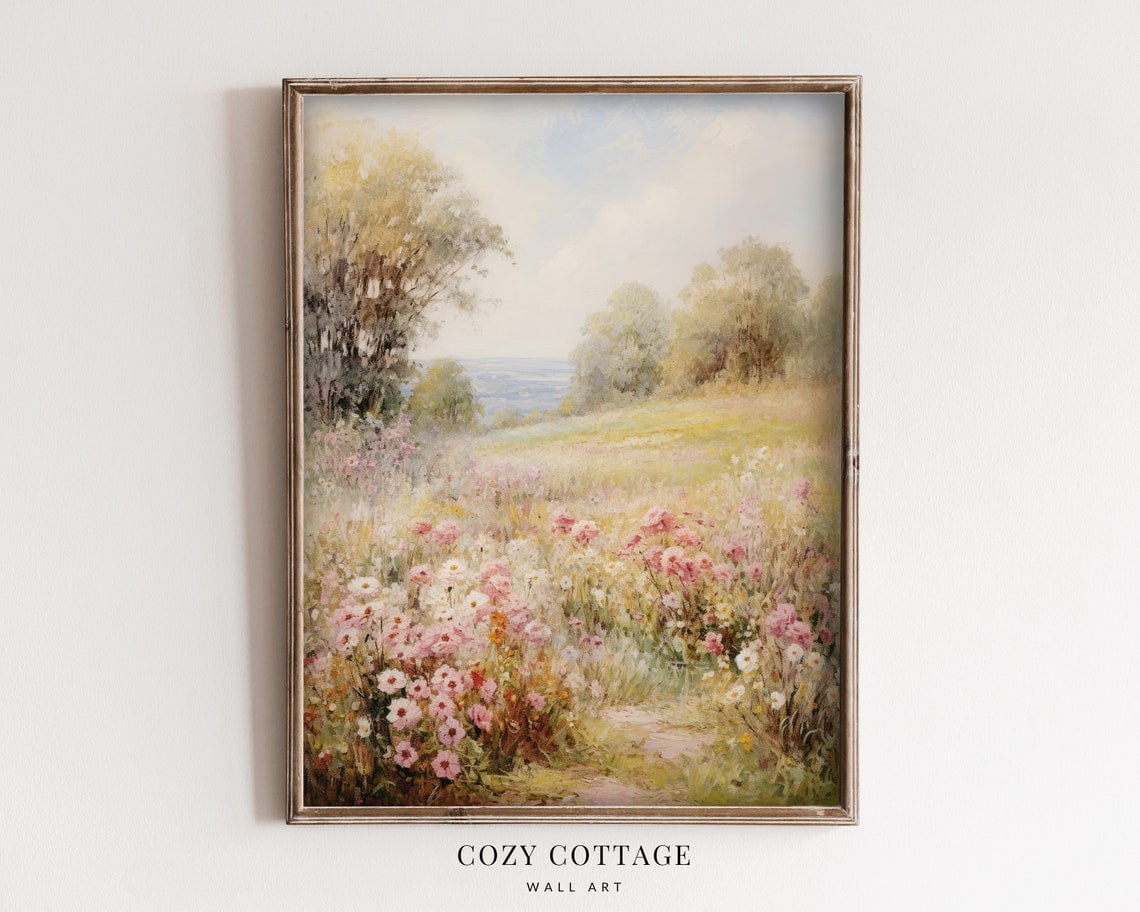 Modroom Flower Meadow Vintage Style Painting, Cozy Cottage Spring Wall ...