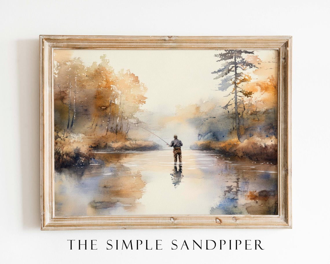 Modroom Fly Fishing Print, Misty River Landscape With Angler, Nature ...