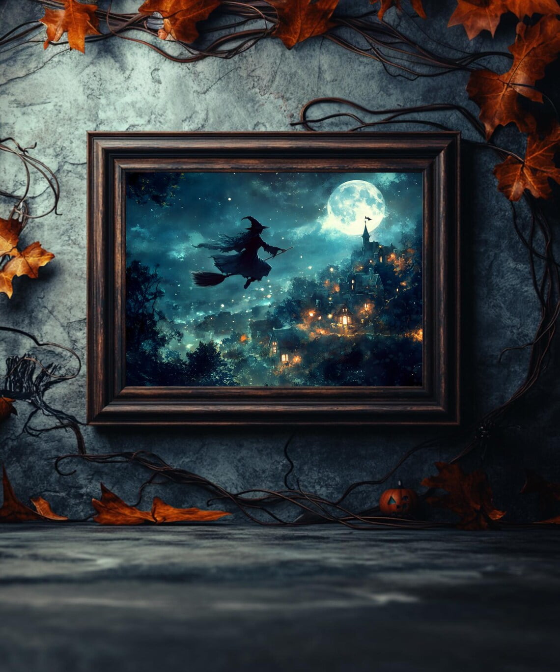 Modroom Flying Witch Poster, Rustic Holiday Wall Art, Vintage Seasonal ...