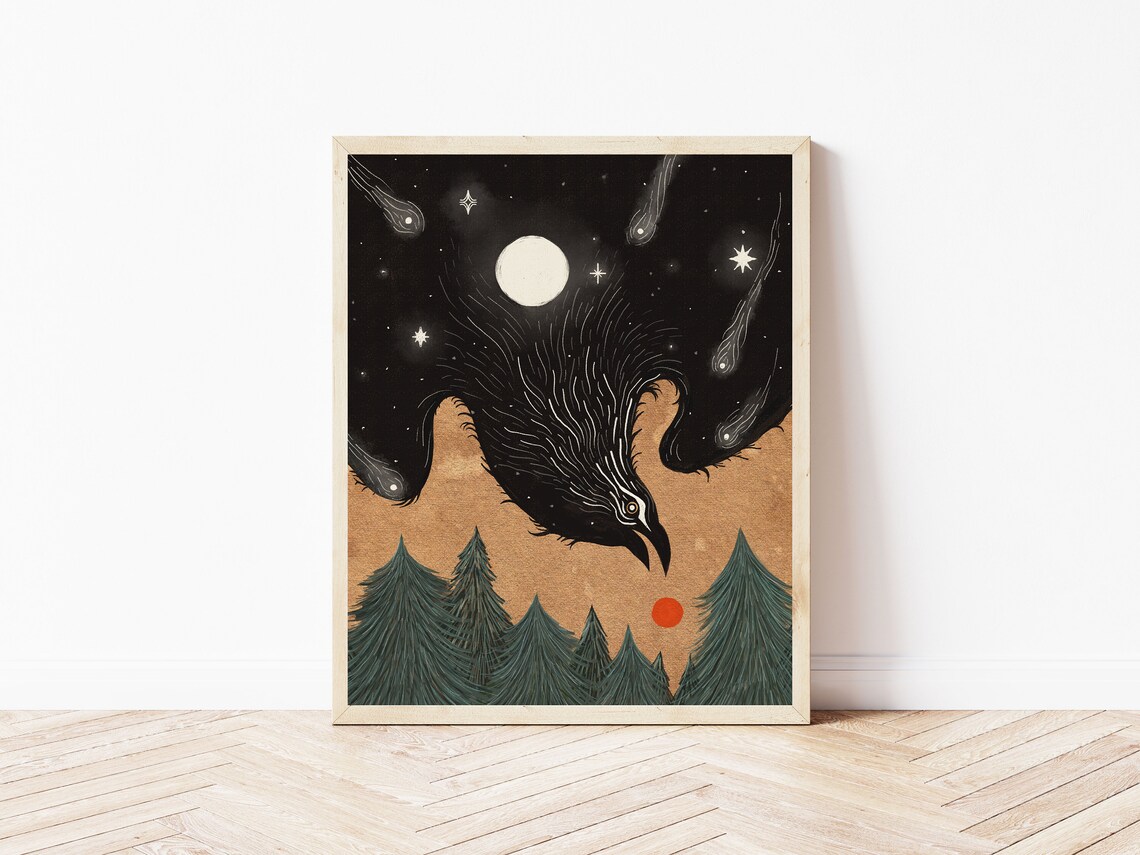 Modroom Folk Art Crow And Sun Art Print - Bird Art Print - Folklore ...