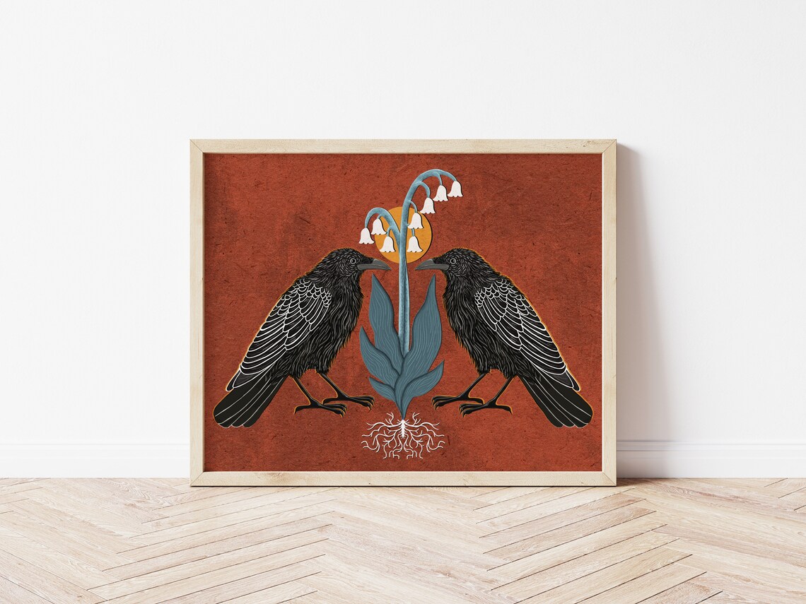 Modroom Folk Art Crows And Lily Of The Valley Nature Print - Bird Print ...
