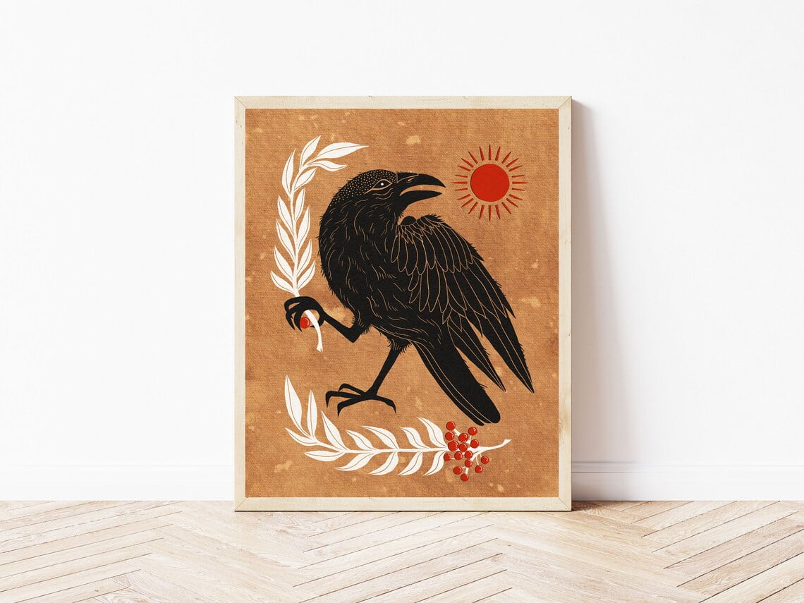 Modroom Folk Art Raven And Rowan Berry Nature Print - Bird Print ...