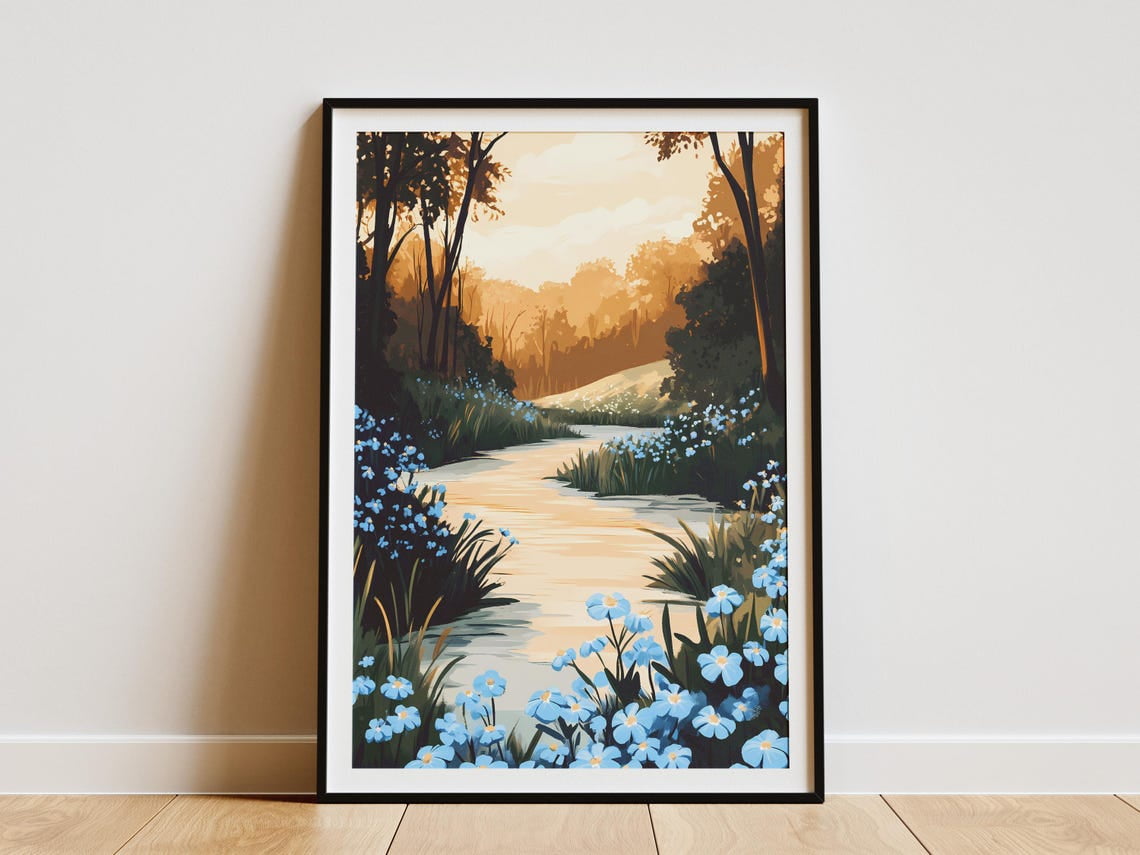 Modroom Forget Me Nots River Landscape Art Print Botanical Blue Flower ...