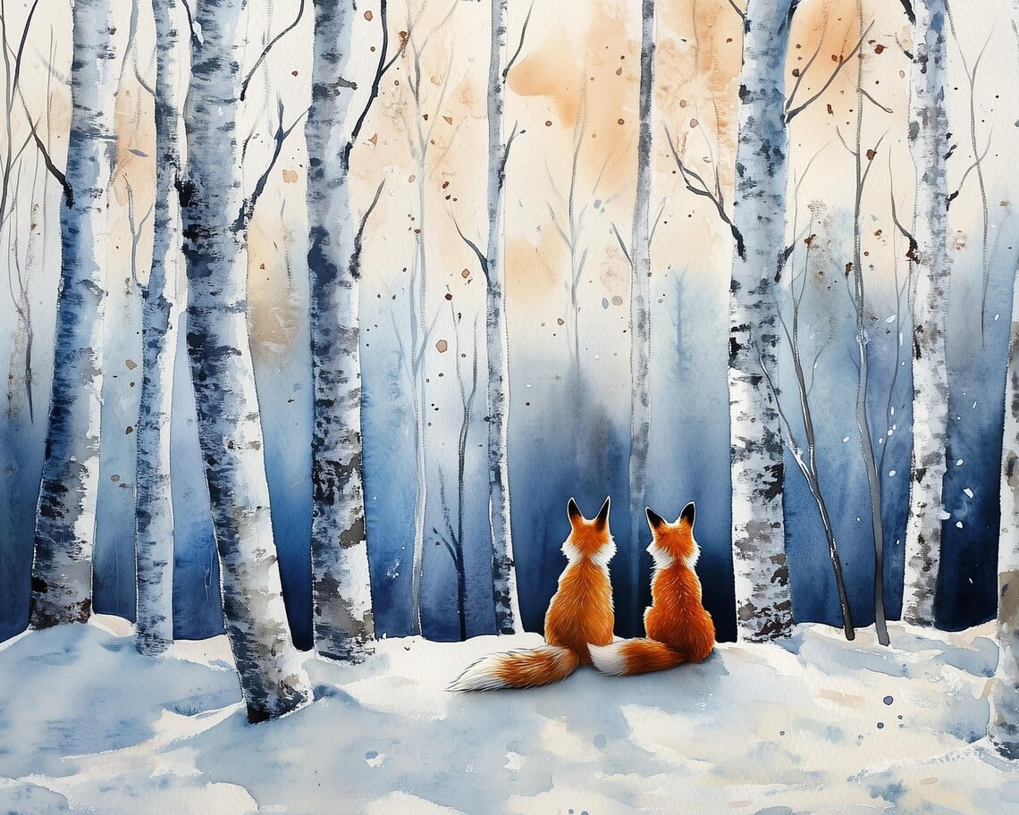 Modroom Fox Painting Two Foxes Snowy Birch Forest Painting Print Wall ...