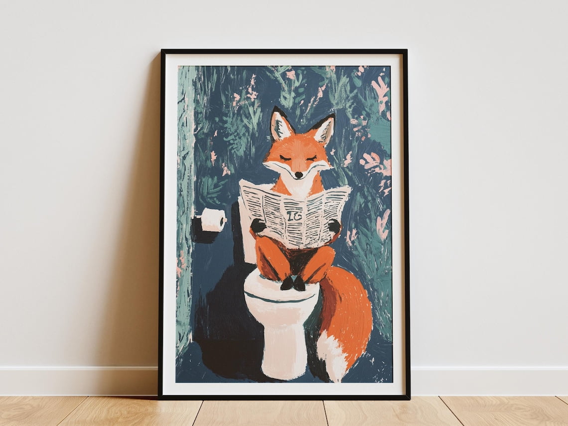 Modroom Fox On Toilet Reading Newspaper Style Bathroom Art Print Modern ...