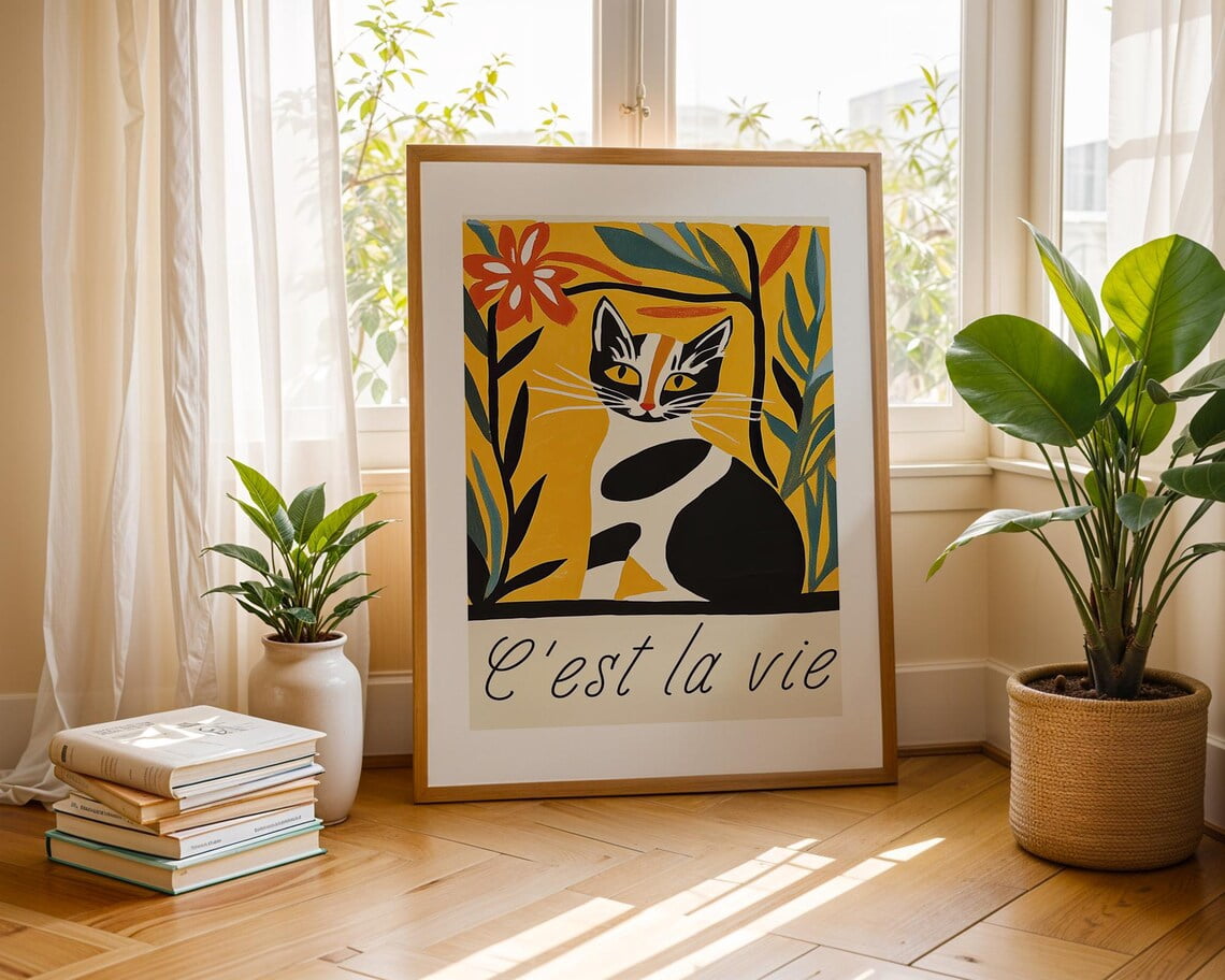 Modroom French Vintage Cat Print | Whimsical Retro Art Print | Yellow ...